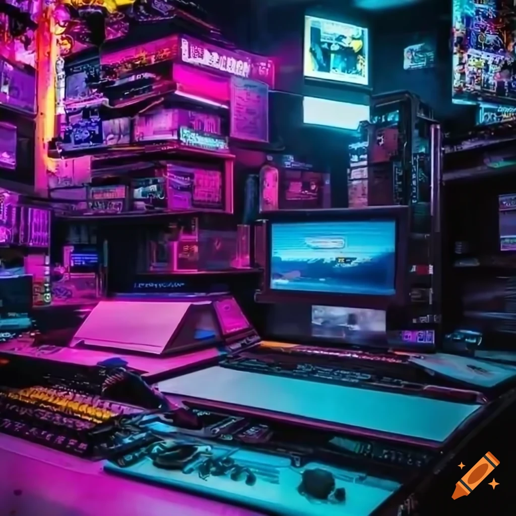 Busy cyberpunk workstation in Malaysia on Craiyon