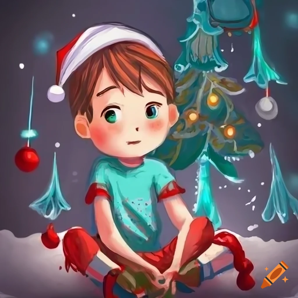 Boy with a bleeding knee near the christmas tree on Craiyon