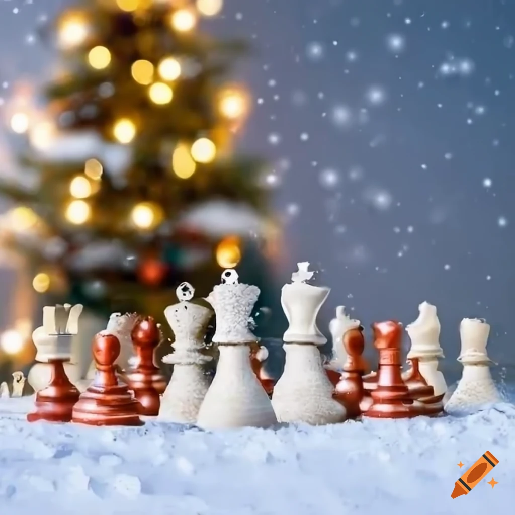 Snowy winter day with decorated christmas tree and chess pieces on Craiyon