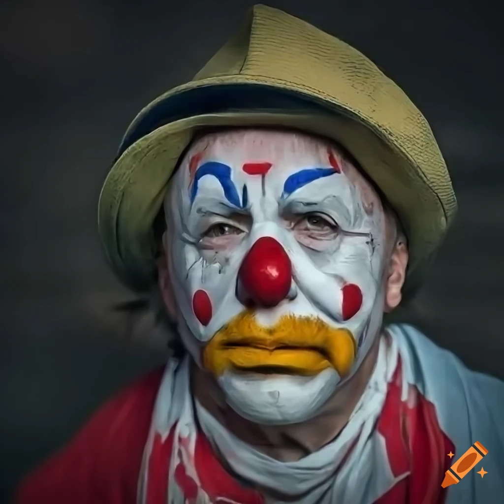 Homeless man wearing clown makeup with a sorrowful expression on the ...