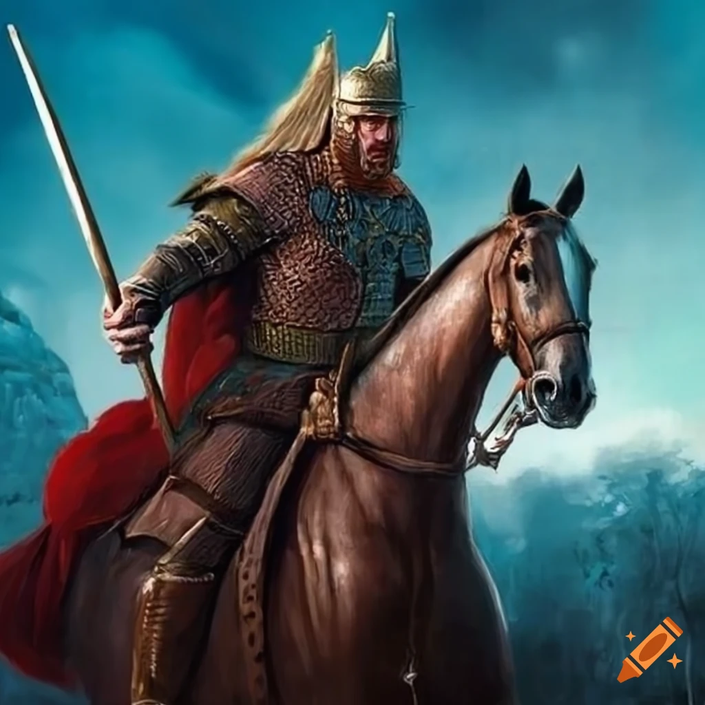 Vladimir the Great leading druzhina warriors on horseback through ...