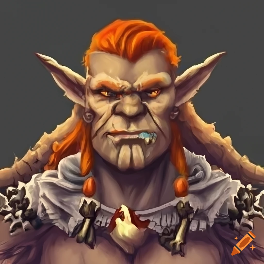 Portrait of a young half orc barbarian with orange hair and bright eyes ...