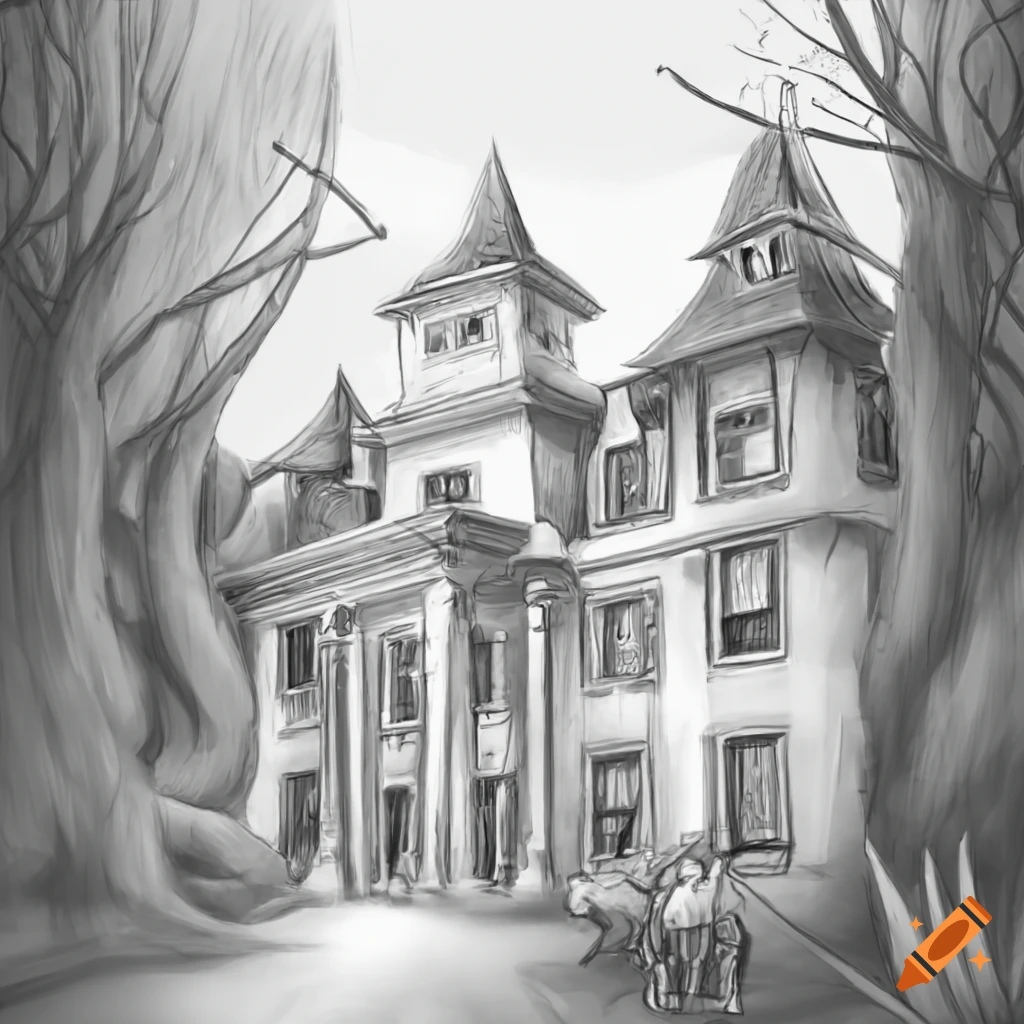 Greyscale drawing of two house-elves observing a large mansion on Craiyon