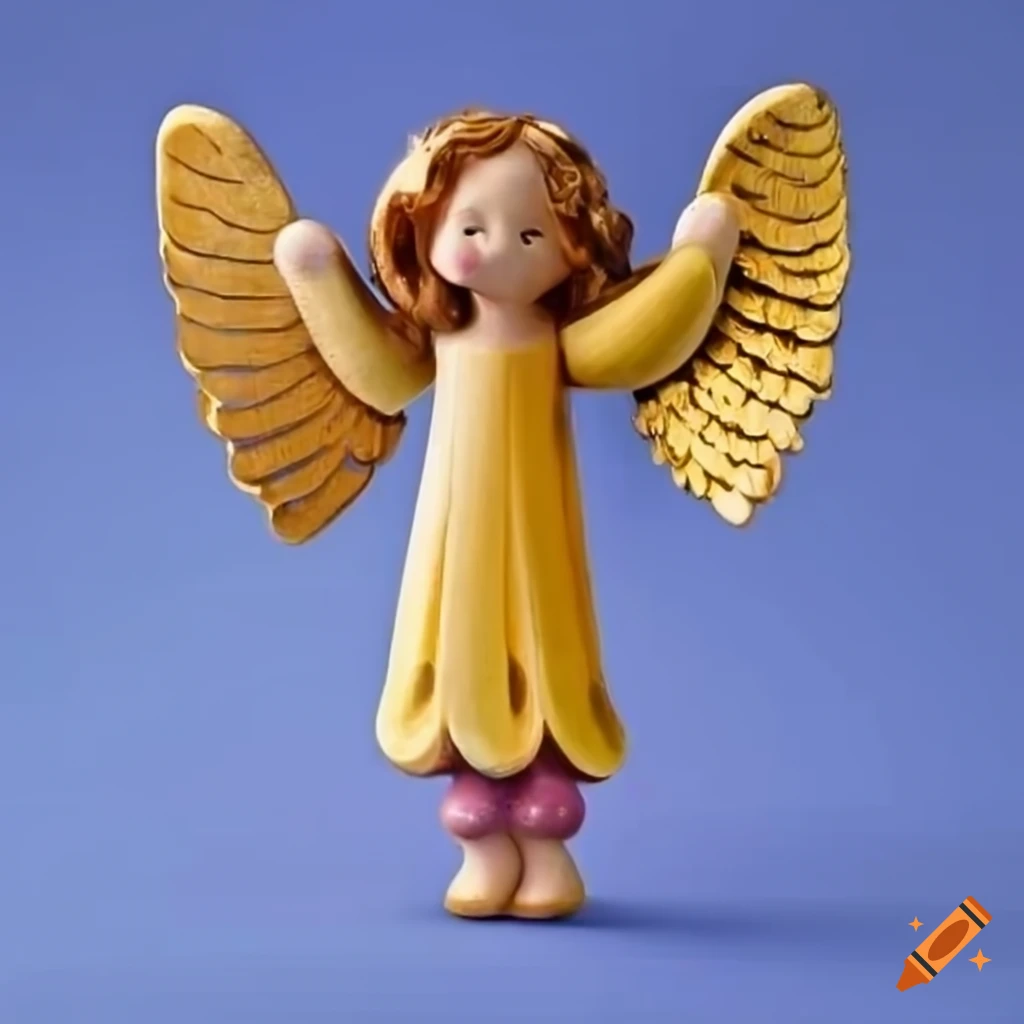 Colorful wooden angel with outstretched arms and golden wings on Craiyon