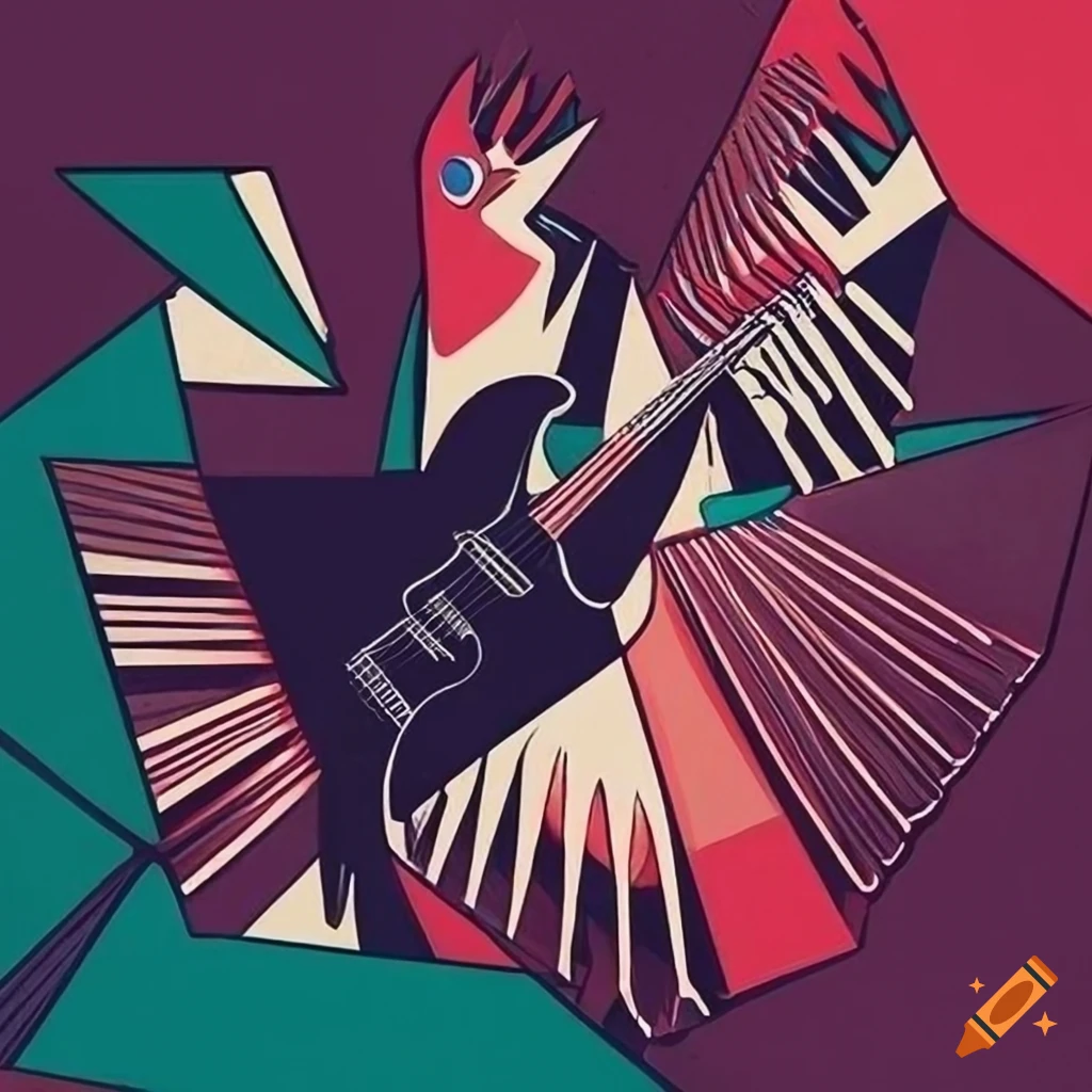 Abstract 70s poster of a band of chickens playing music in a cubic art ...