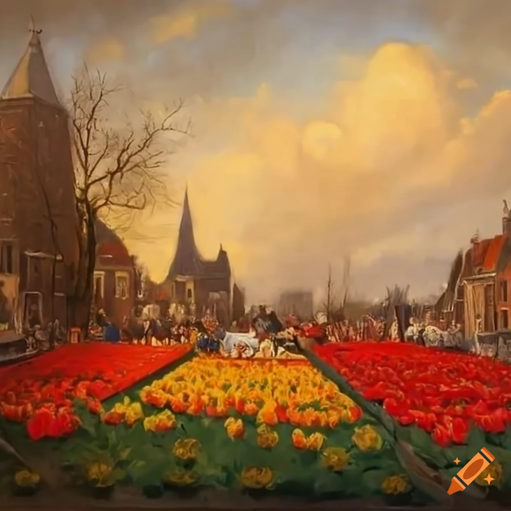 Beautifully-lit dutch painting of a tulip market in holland on Craiyon