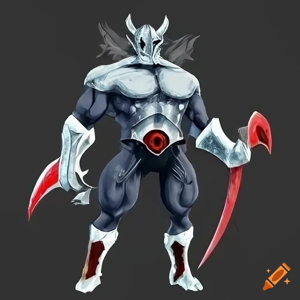Valak fusion Toppo God of destruction in medieval knight armor with red scythe on Craiyon