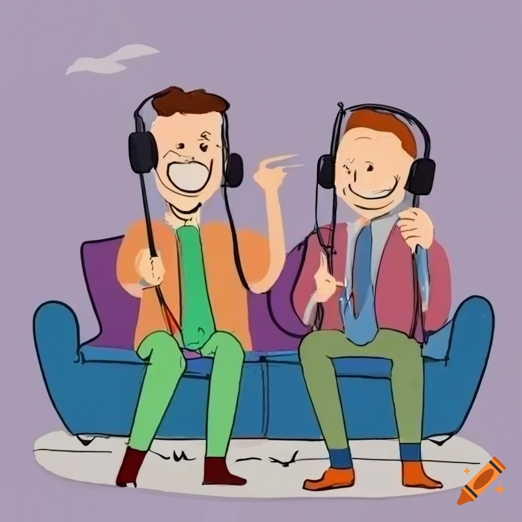 Two men recording a podcast on a large sofa with microphones on Craiyon