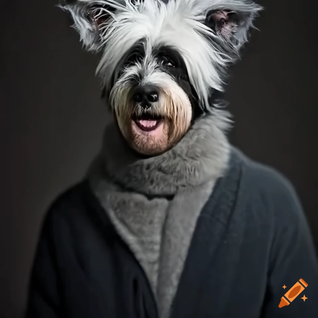 Surprised man transforming into a black and white old English sheepdog ...
