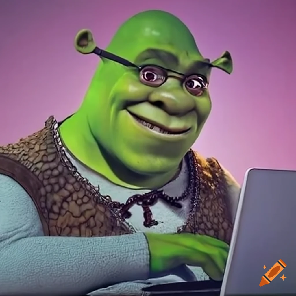 Programmer with glasses using a laptop in a shrek costume on Craiyon