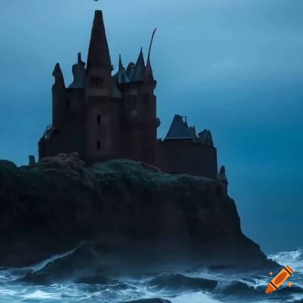 Impressive castle of old rusty black iron on a stormy shore on Craiyon