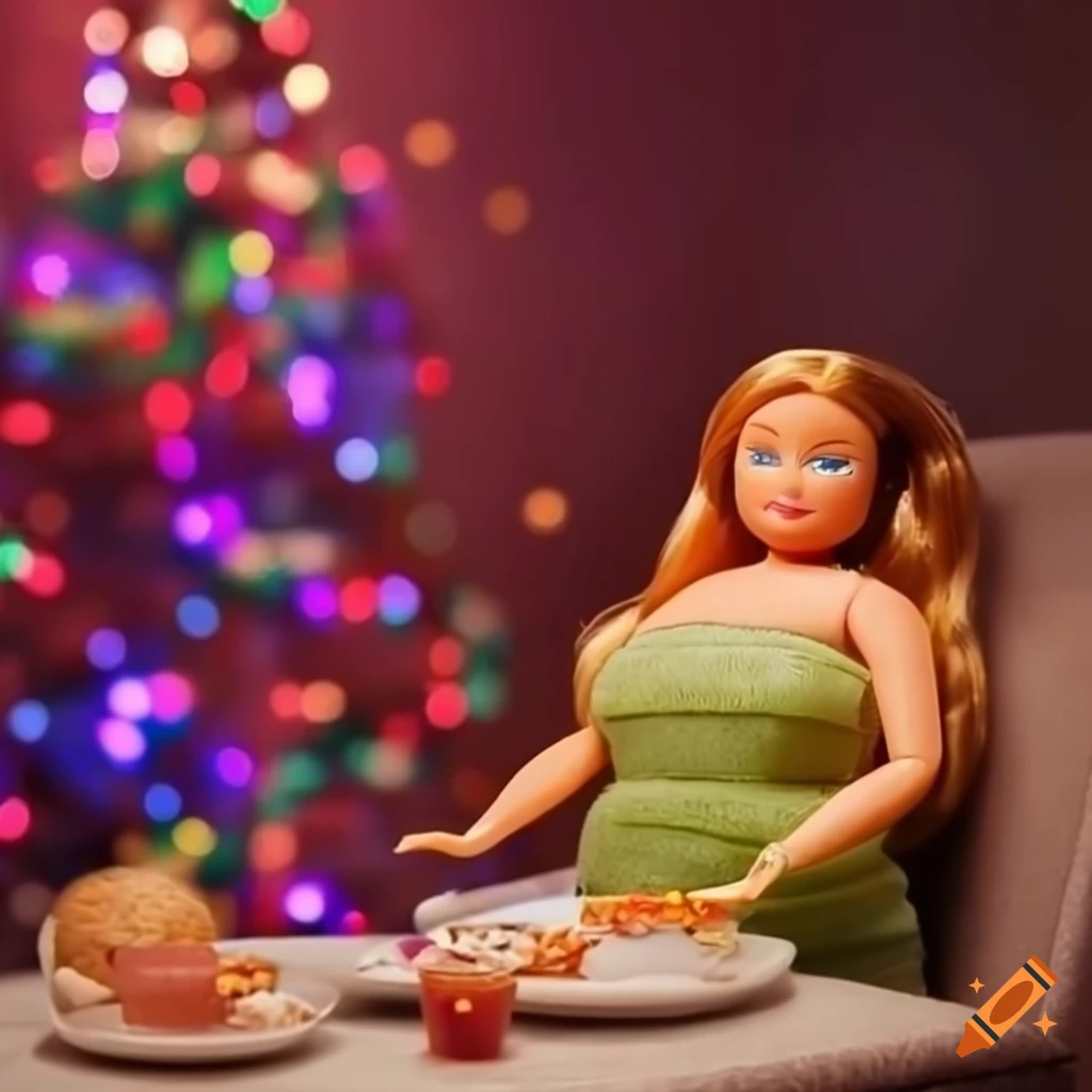 Barbie doll in a Christmas-themed living room with food on the table on ...