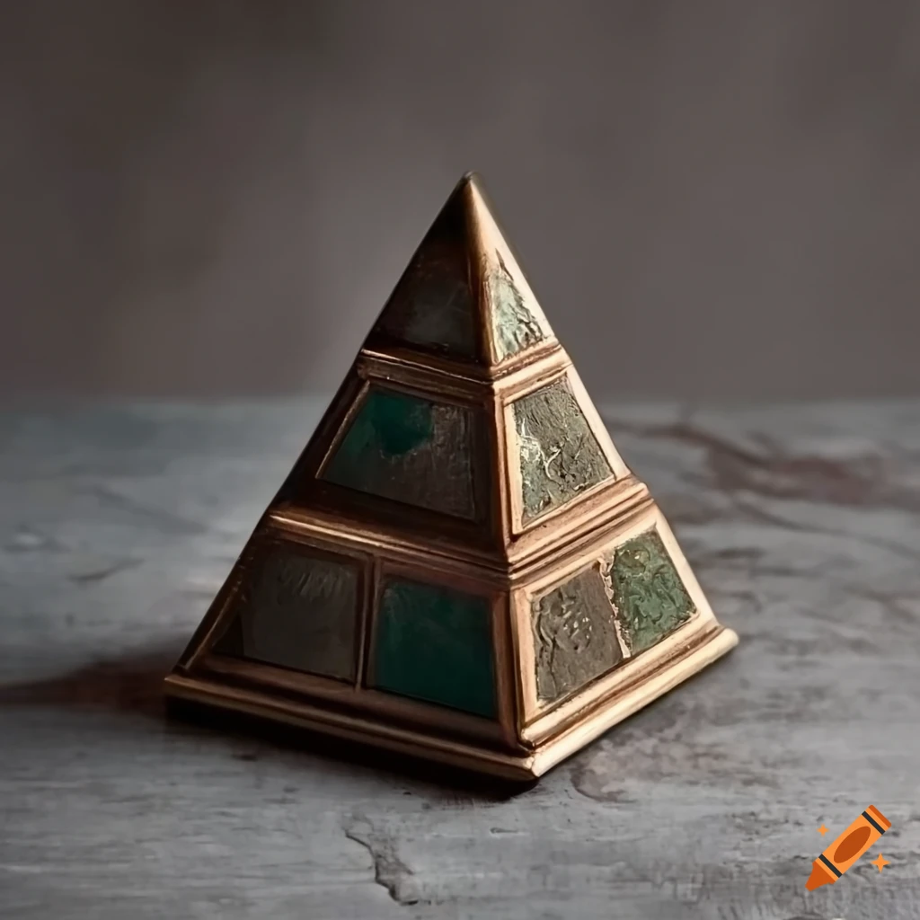Small ornamental pyramid with jade inserts on a dusty wooden desk on ...