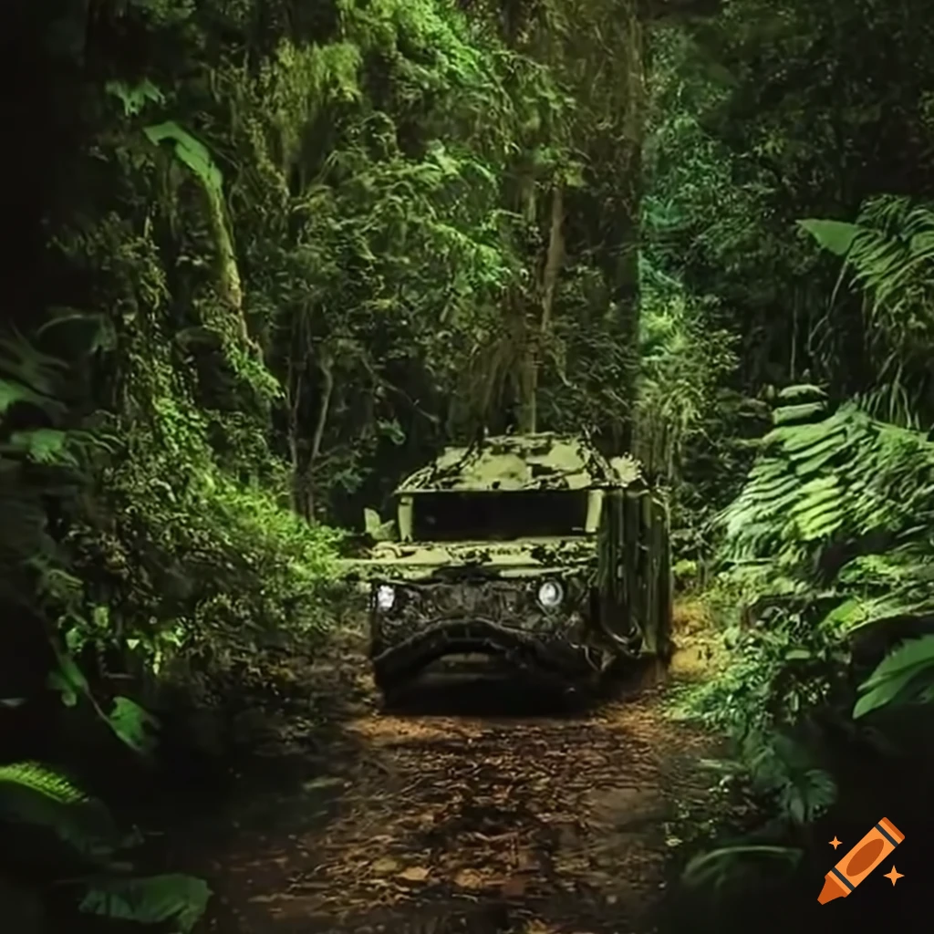 Dense jungle with dangerous animals and an armored vehicle on Craiyon