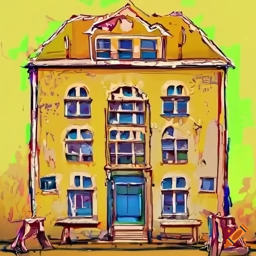 Cartoon style depiction of a destroyed primary school building with ...