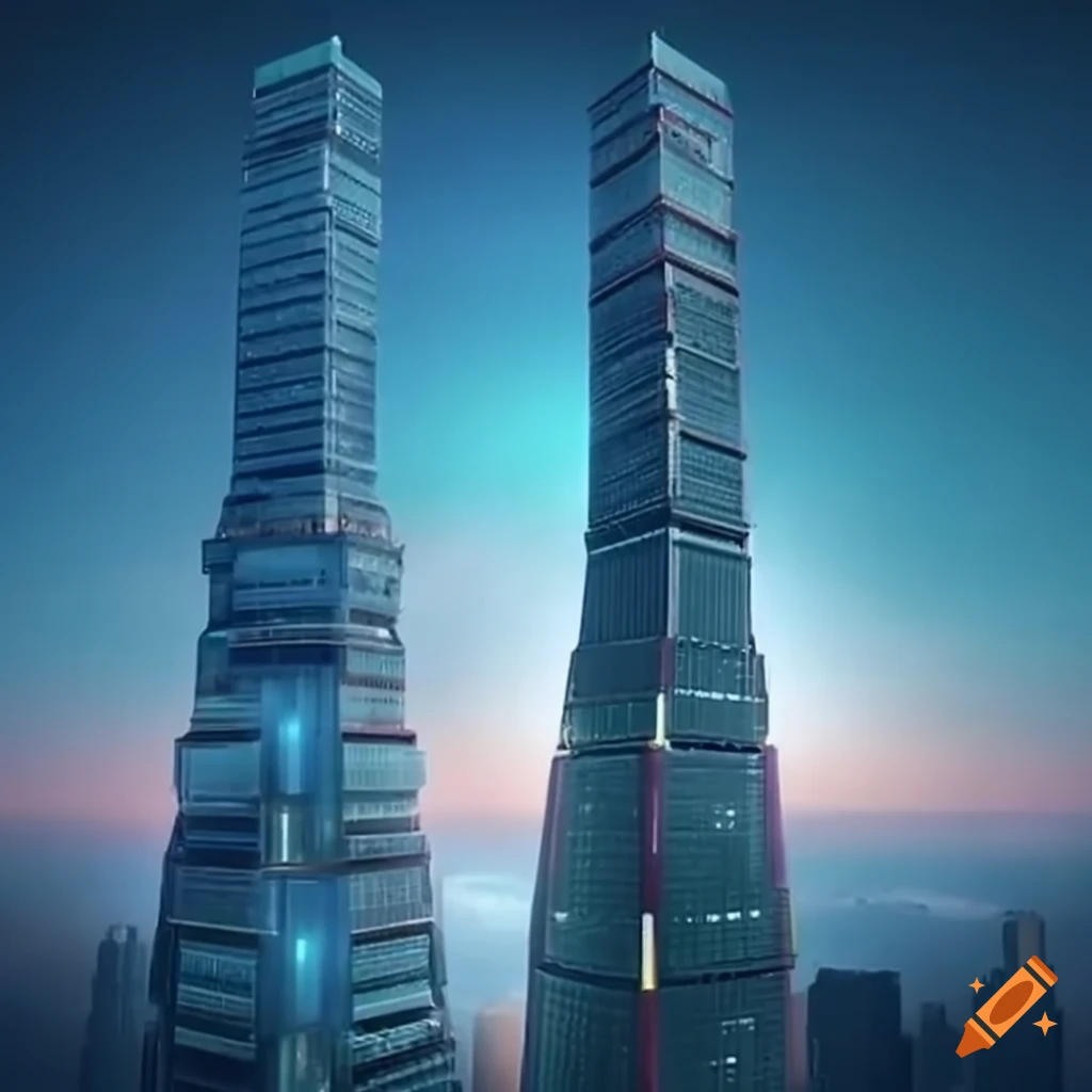 Two futuristic towers and surrounding area in a sci-fi setting on Craiyon