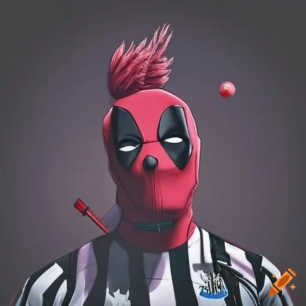 Deadpool kicking a football in newcastle united colors on Craiyon