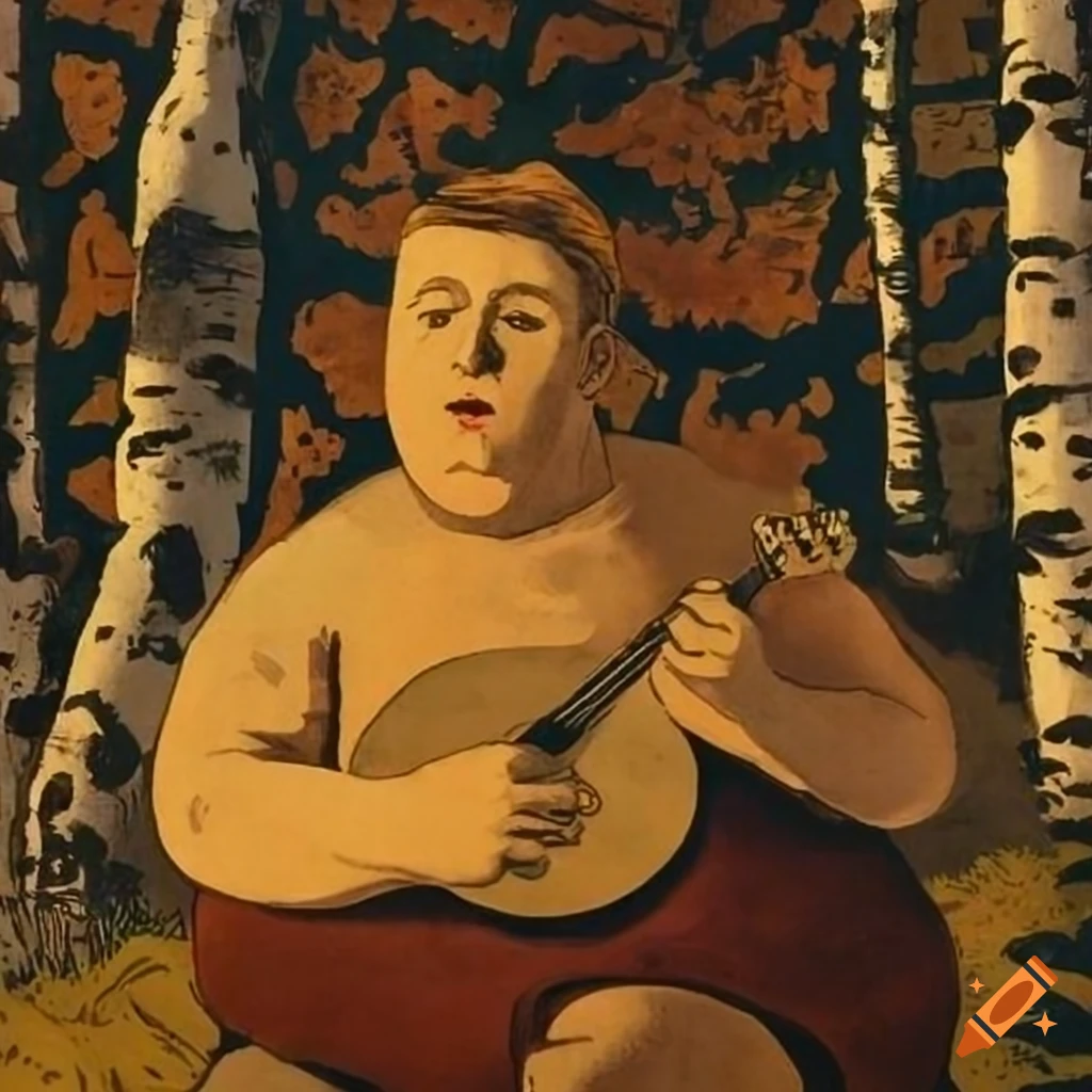 Man playing mandolin by the campfire surrounded by birch trees in a ...