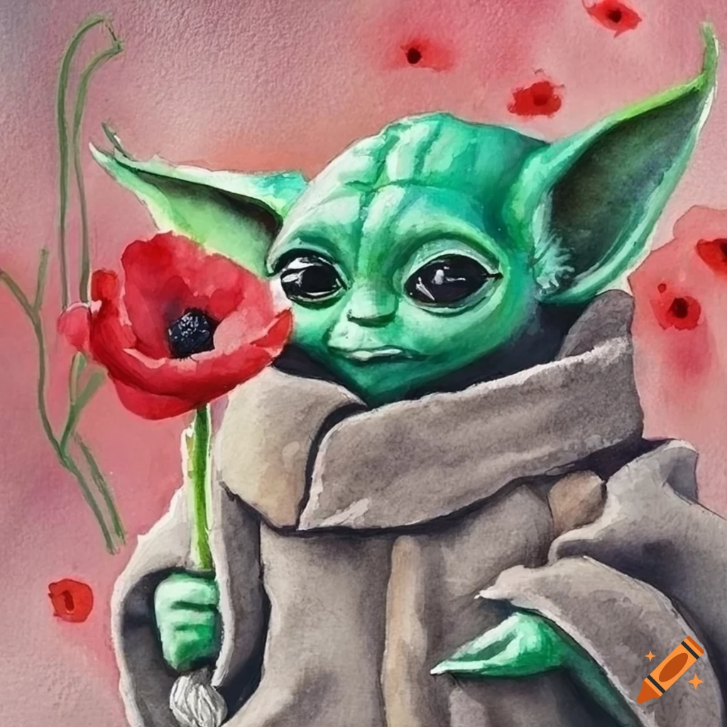 Baby yoda holding red poppies in watercolor painting on Craiyon