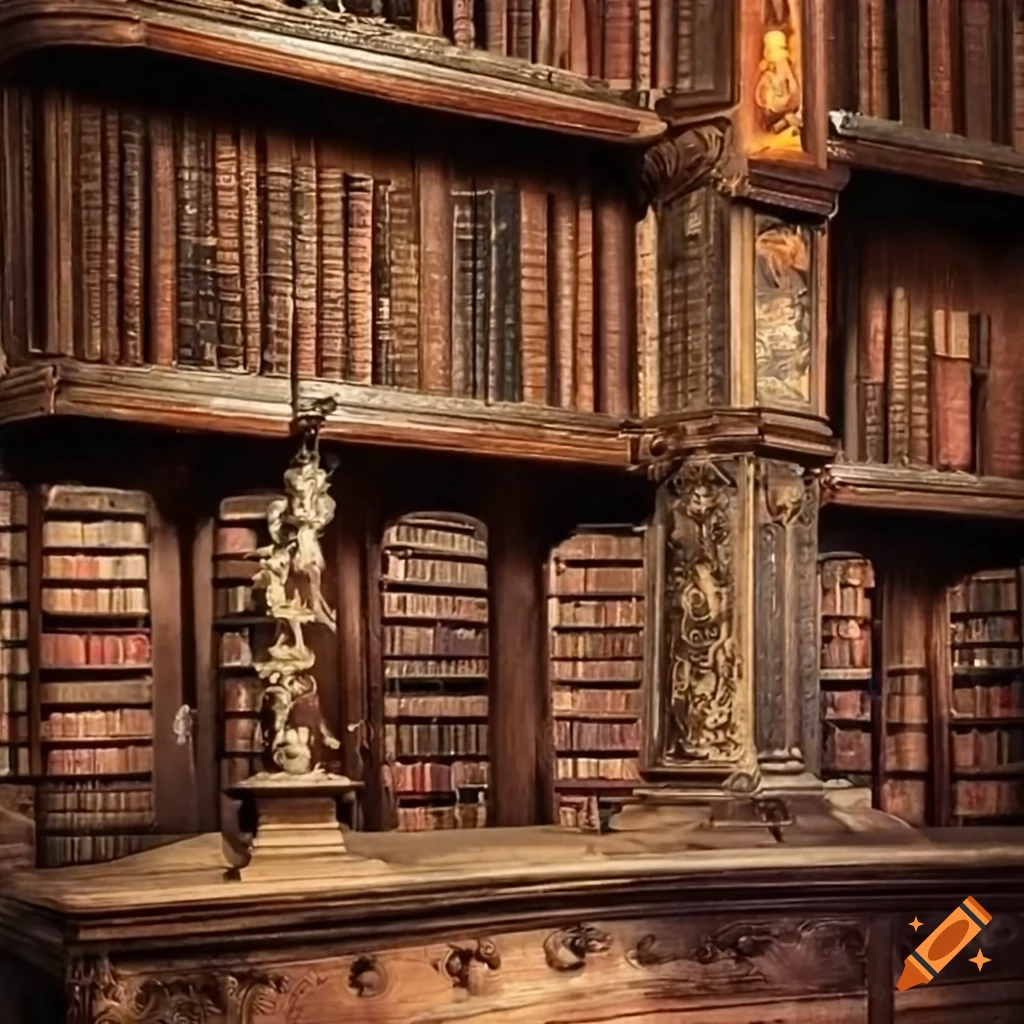 Antique magic library with abundant plants on Craiyon