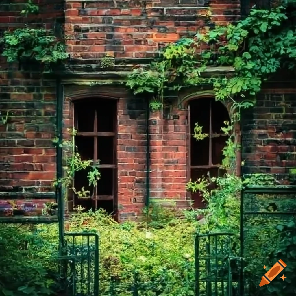 Overgrown garden between two brick buildings with an old iron gate on ...