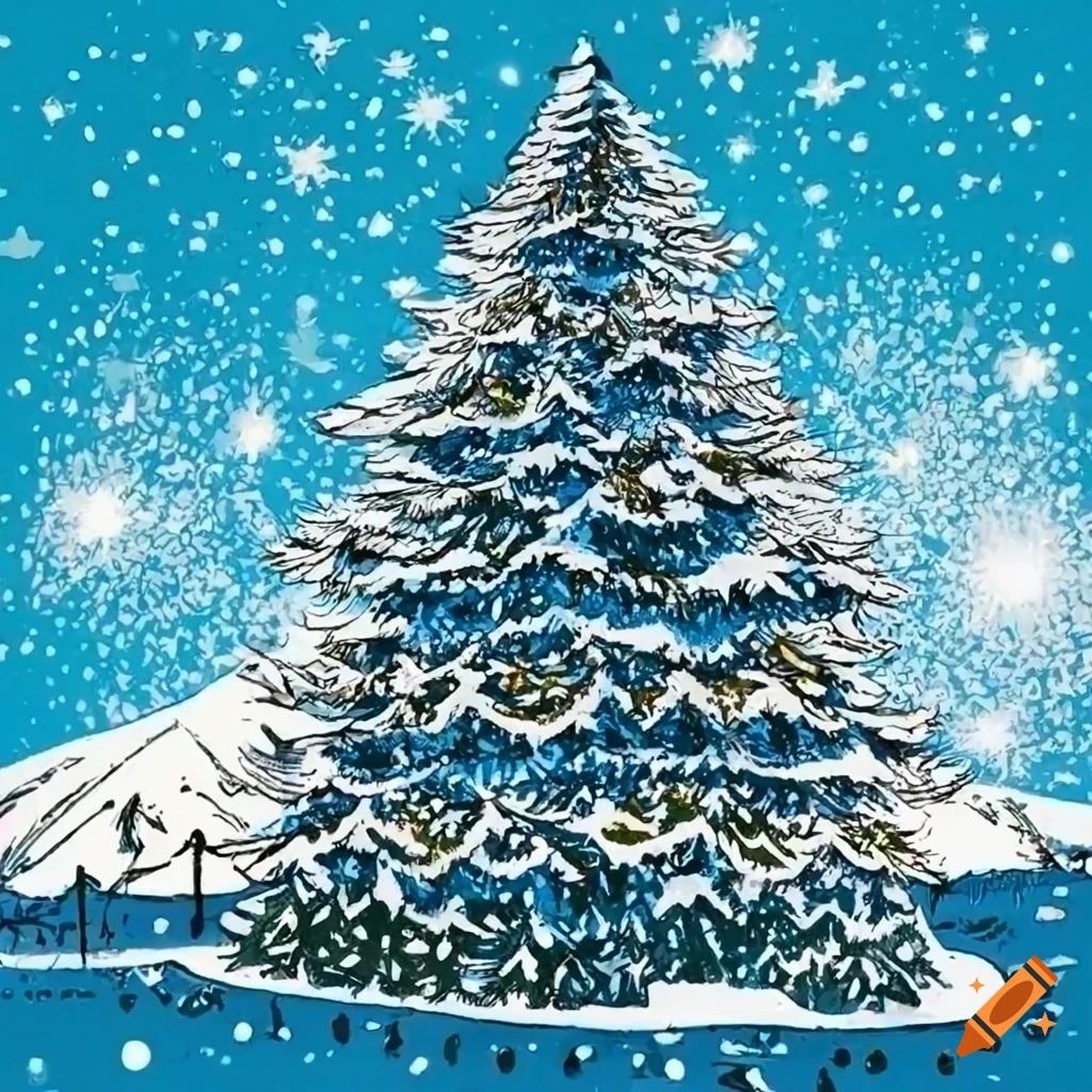 Christmas house with giant tree in comic ink style, snowy and happy ...