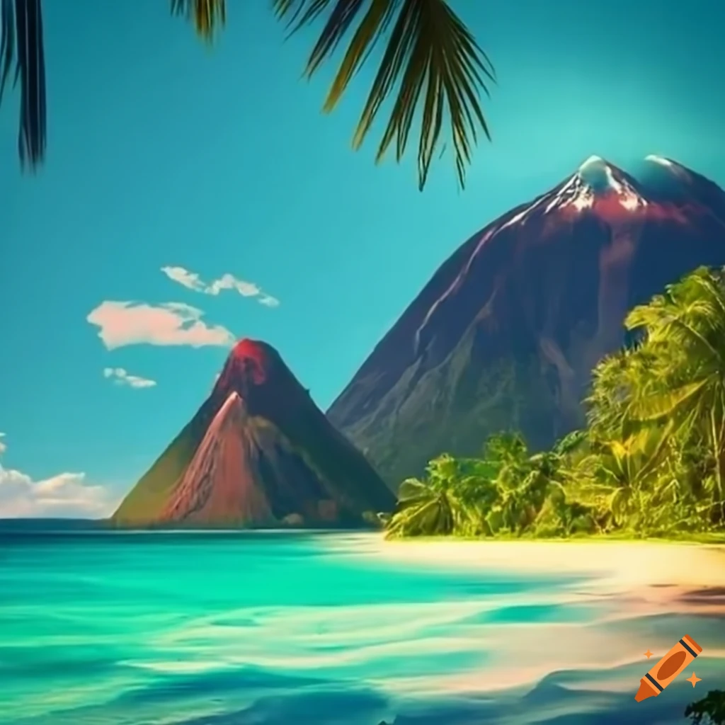 Tropical beach with red cone volcano mountains and mountainside condos ...