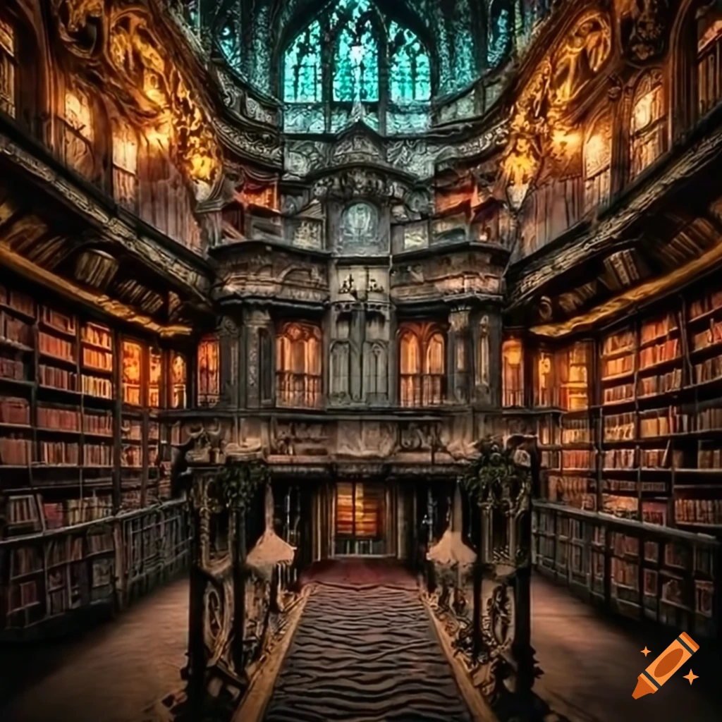 Neo-gothic library in the woods with a ritual of light on Craiyon
