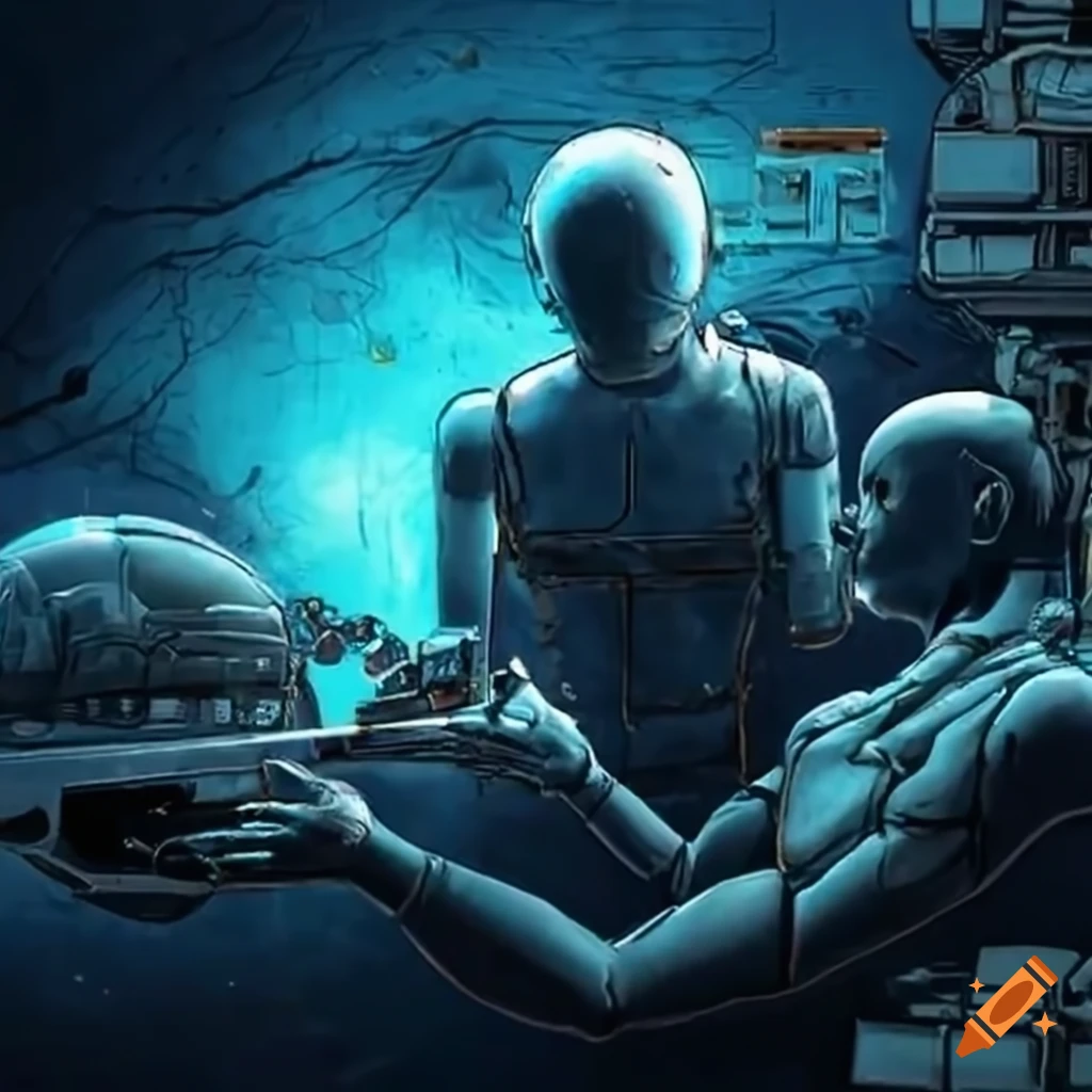 Android mechanics repairing spaceship in sparse laboratory on Craiyon