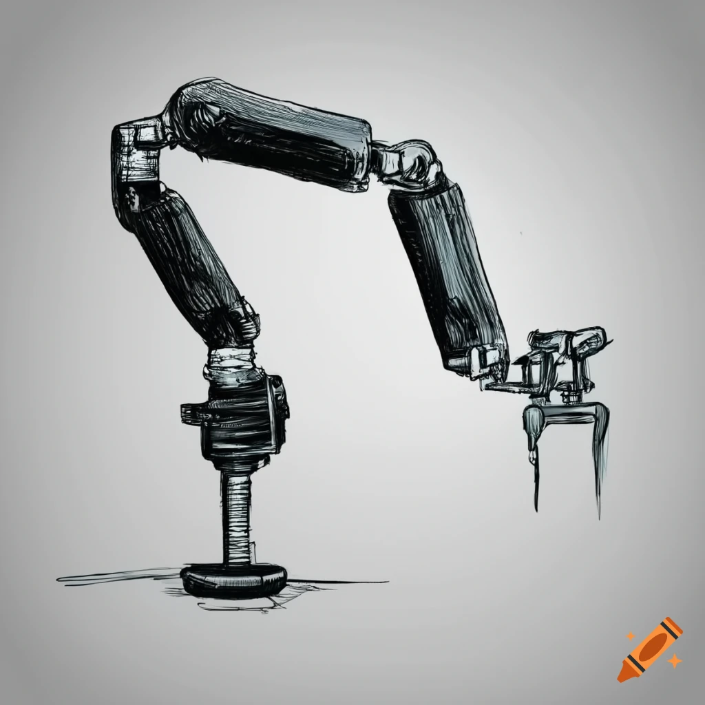 Hand drawn sketch of a robotic arm with gripper on Craiyon