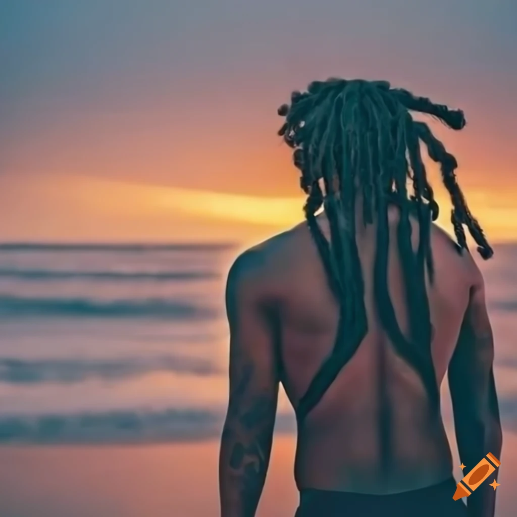 Black man with long dreadlocks watching sunset on a beach on Craiyon