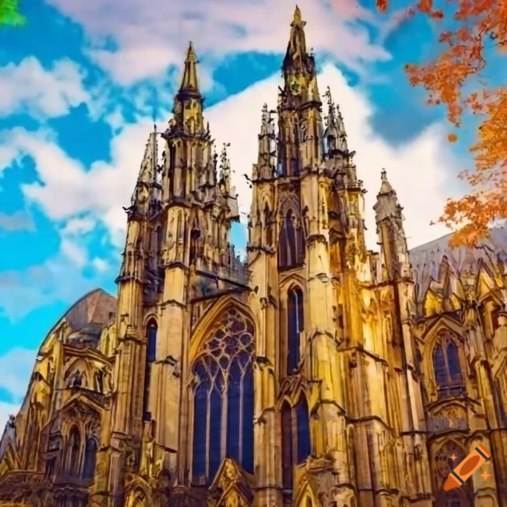 Gothic cathedral with spires and gargoyles on an autumn day with ...