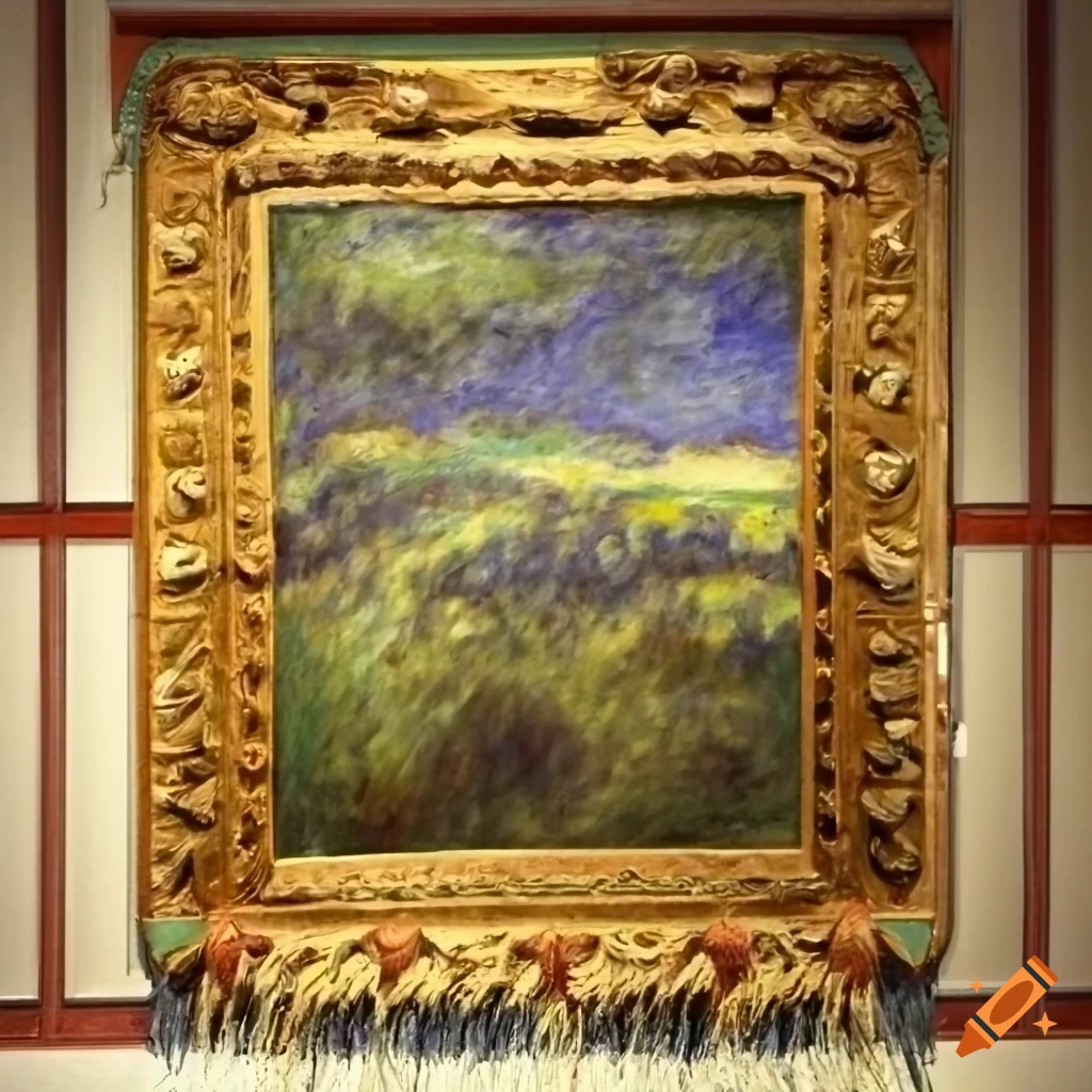 Exquisite monet-style landscape painting displayed on a large shield in ...