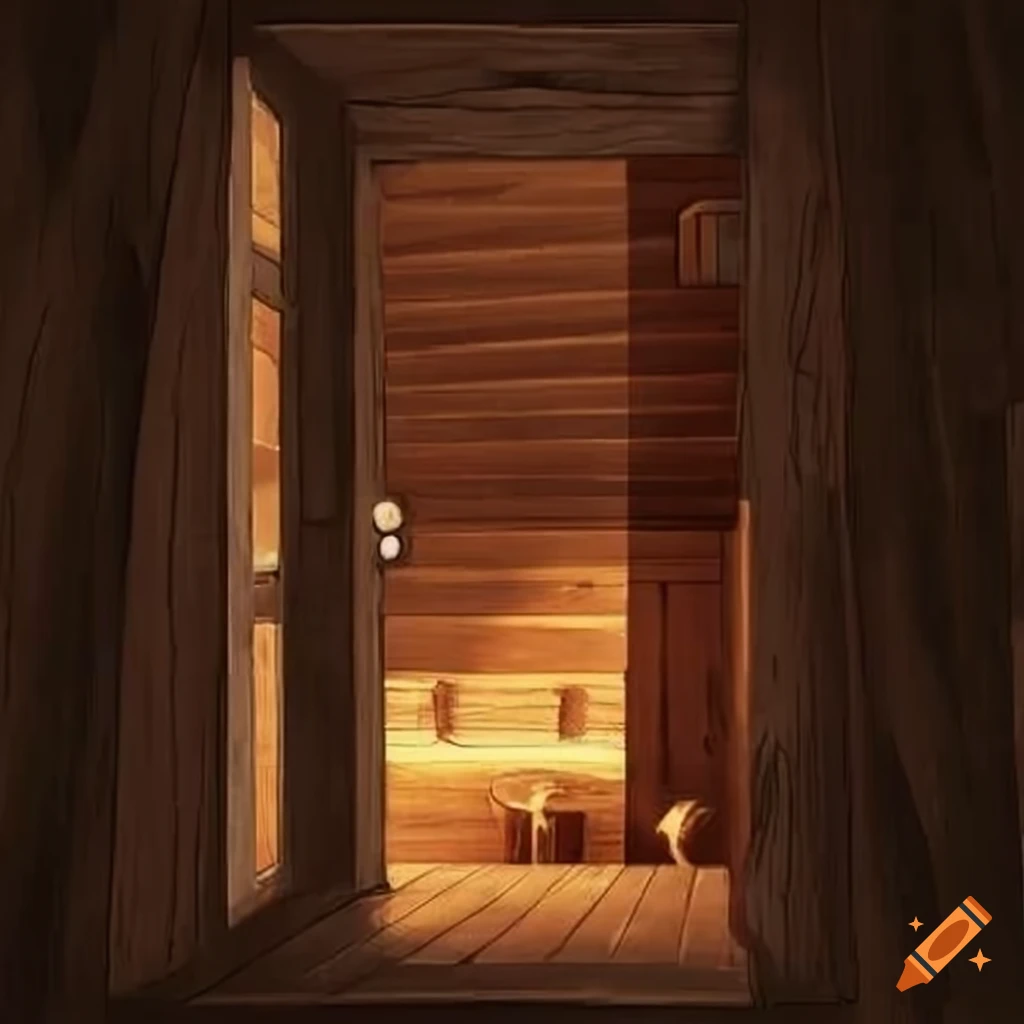 Drawing of traditional sauna house with open door on Craiyon
