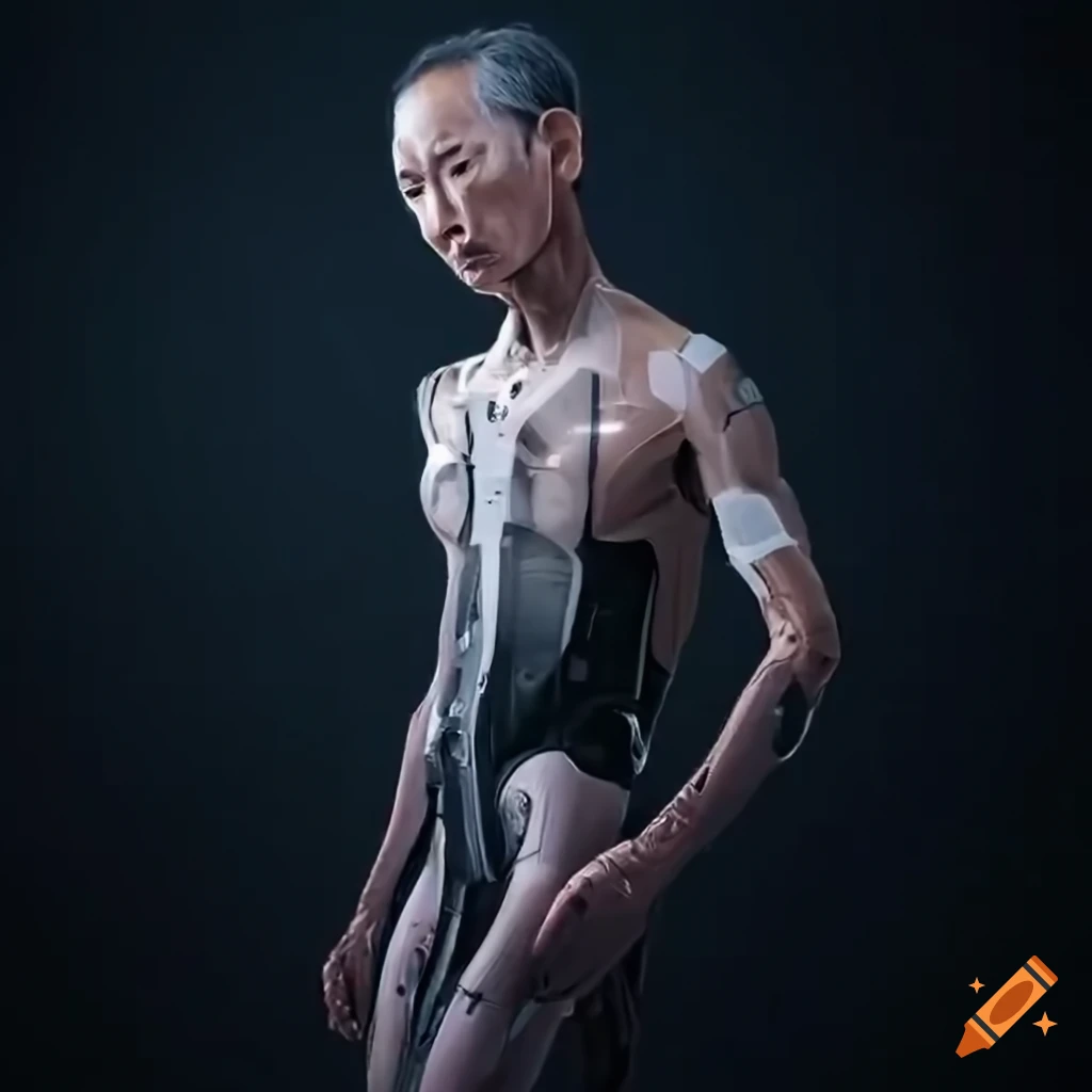 Futuristic elderly Japanese male cyborg in minimalist damaged bodysuit ...