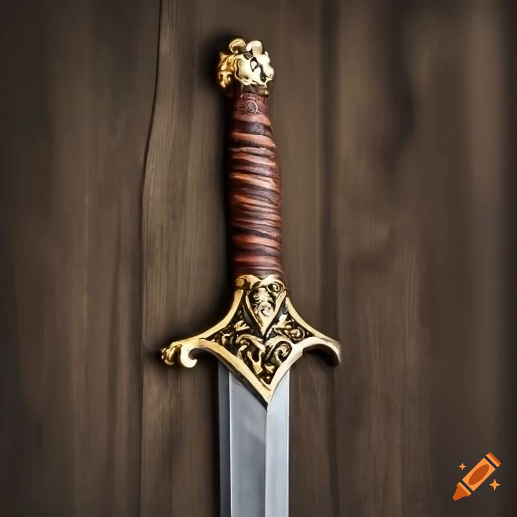 Ornate short broadsword with wide golden blade in fantasy style on Craiyon