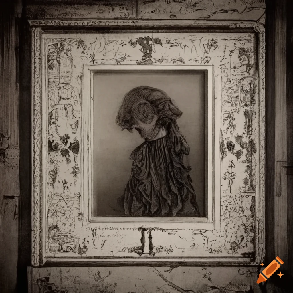 Melancholic engraving of an abandoned haunted mansion with ghosts and ...