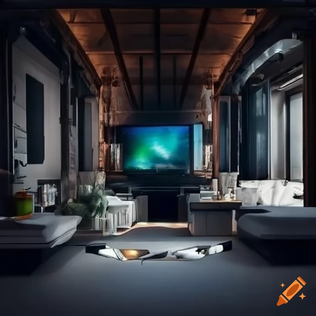 Futuristic luxurious messy loft with computers and science equipment on ...
