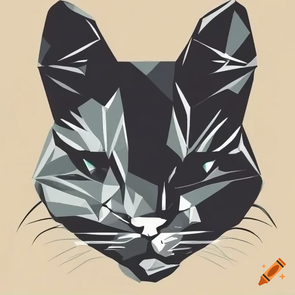Low-polygon black and white cat head in flat design on Craiyon
