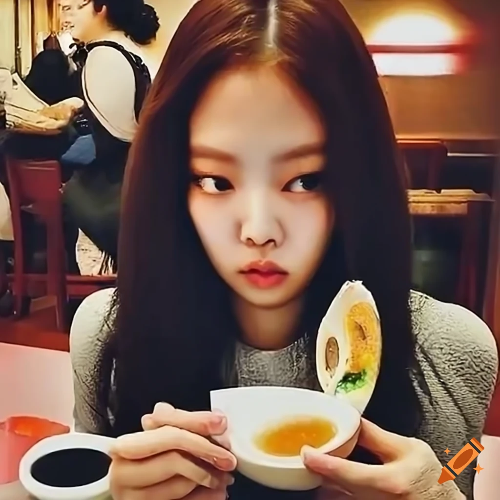 Blackpink Jennie enjoying ramen in a Japanese restaurant on Craiyon