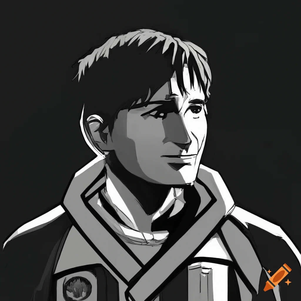 Monochrome sci-fi portrait of a young male space fighter pilot in anime ...