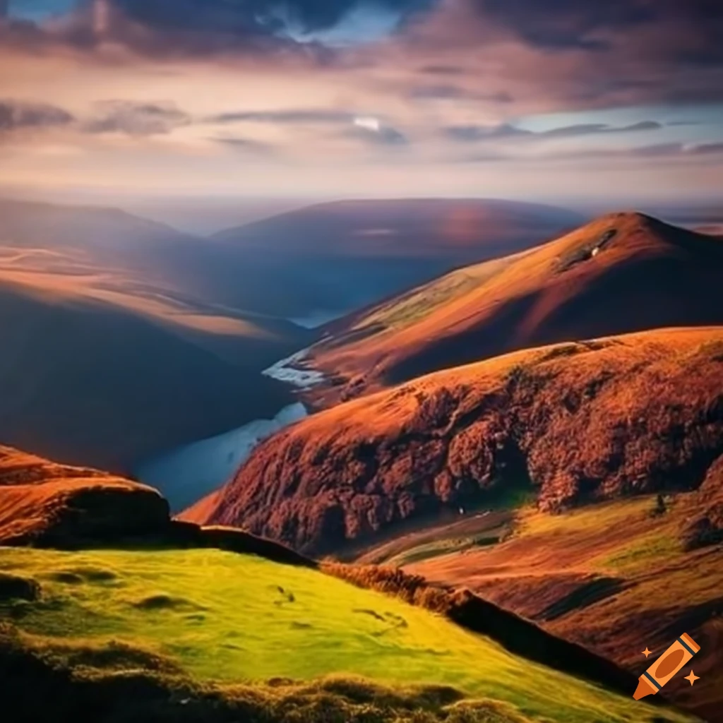 Stunning landscape of wales with mountains, valleys, and rolling hills ...