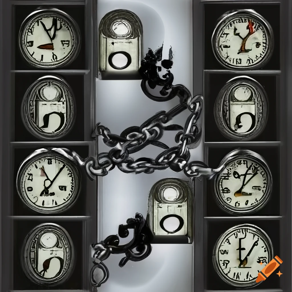 Abstract collage of keys, clocks, broken chains, and open doors on Craiyon