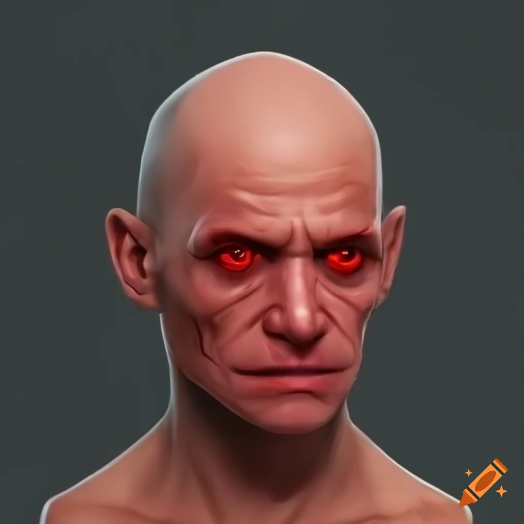 Bald middle-aged man with red eyes and square jaw on Craiyon