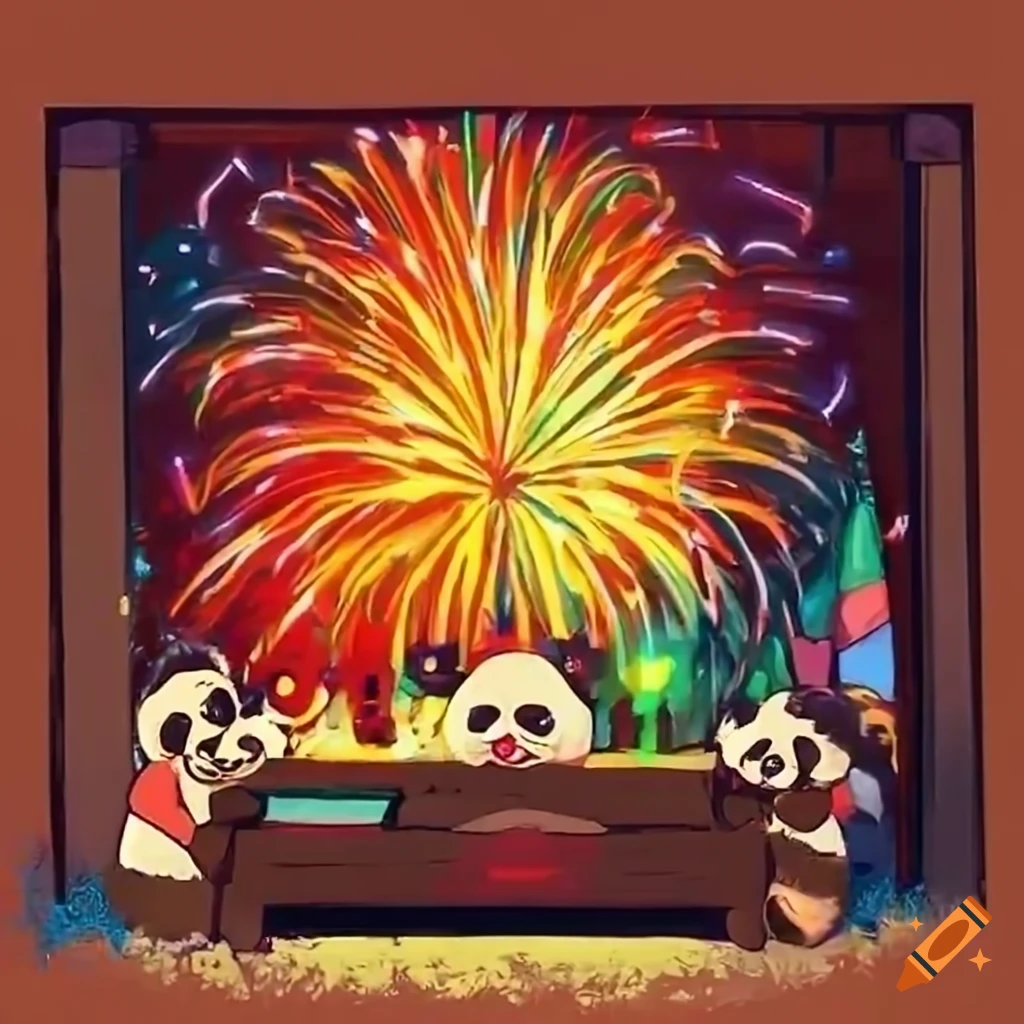 New year eve party with pandas at a cozy house with fireworks outside ...