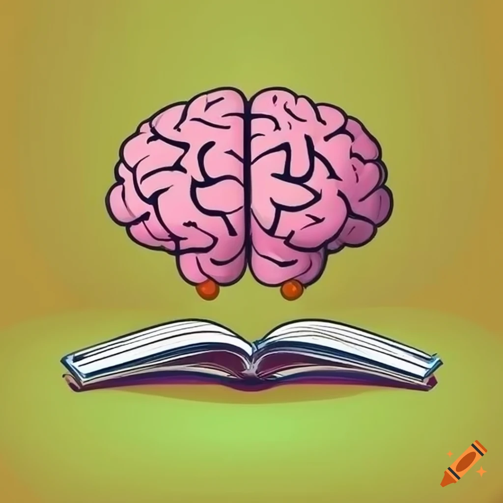 Cartoon brain with a book in vibrant yellow colors on Craiyon