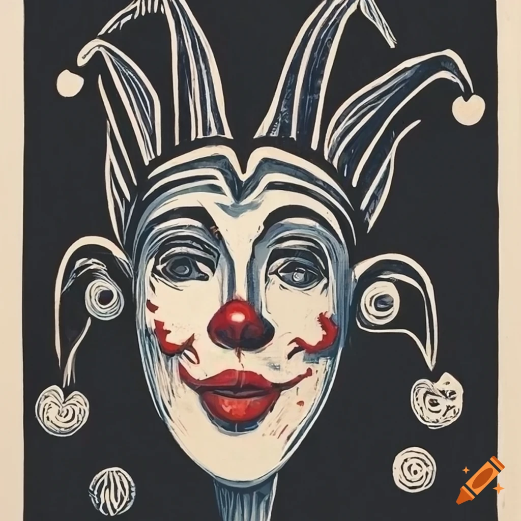Carnival jester in a linocut style on Craiyon