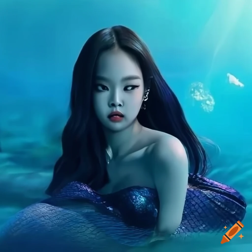 Jennie from blackpink depicted as a mermaid in an ocean setting on Craiyon
