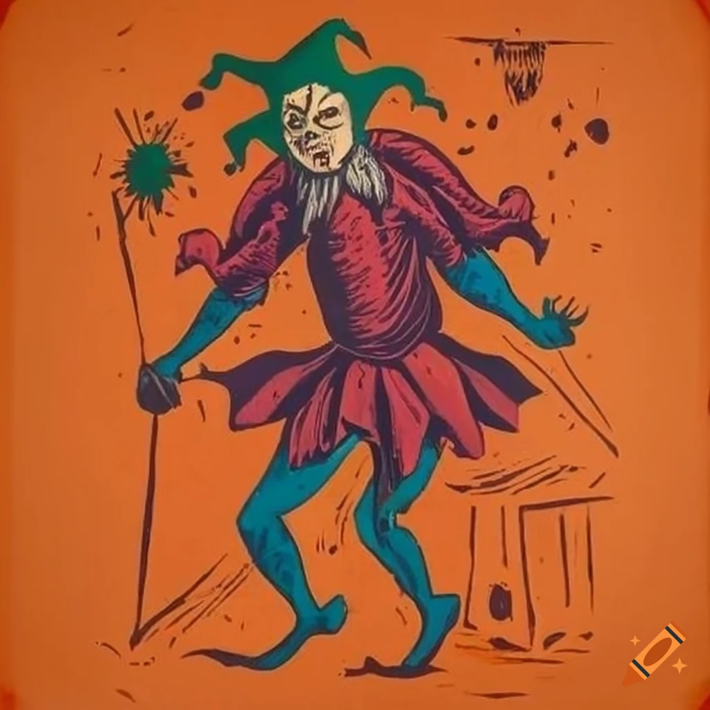 Colorful linocut of a medieval jester in a farm yard on Craiyon