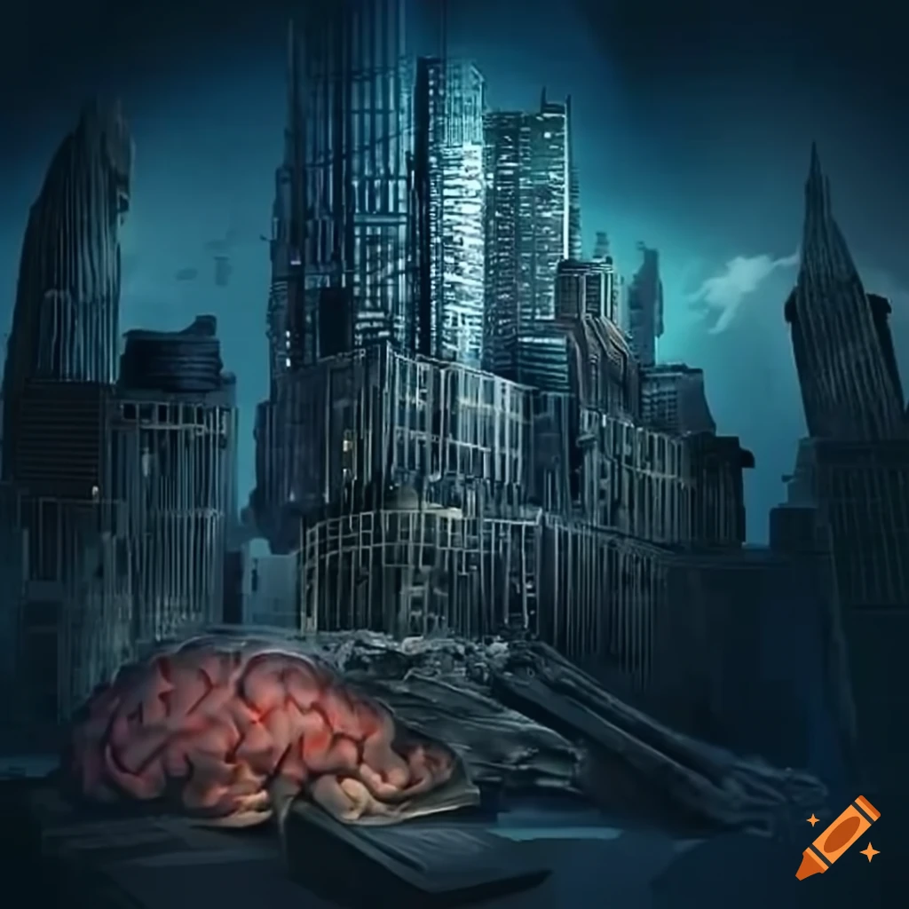 Collapsed city with a giant brain on Craiyon